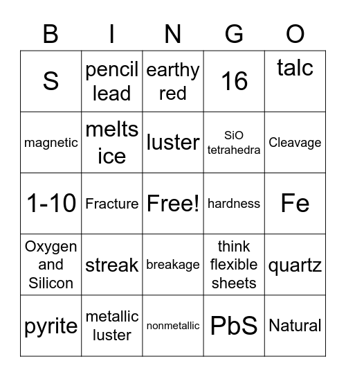 Minerals Bingo Card