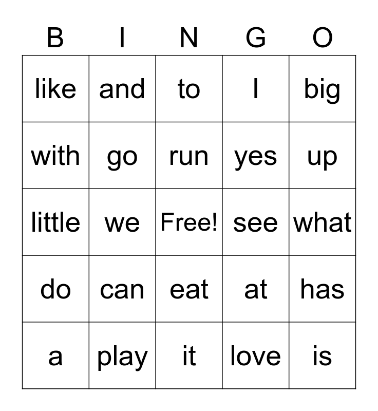 Site Word Bingo Card