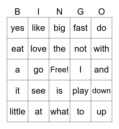 Words Bingo Card