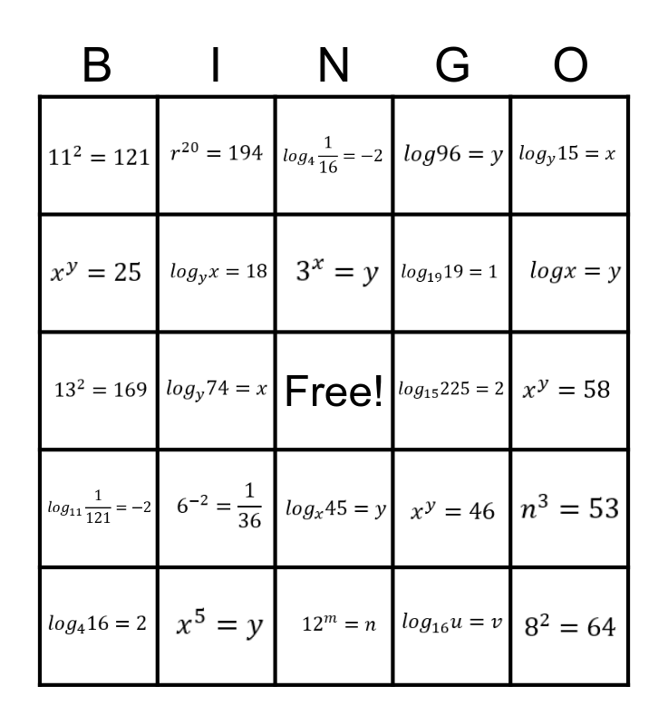 WRITING LOGS AND EXPONENTS Bingo Card
