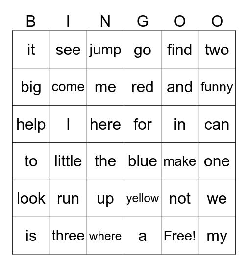 Pre Primer Sight Word Bingo Card