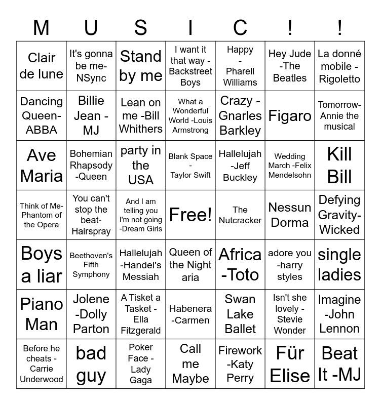 Pop Music Bingo Card