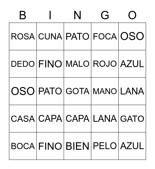 Palabras Bingo Card