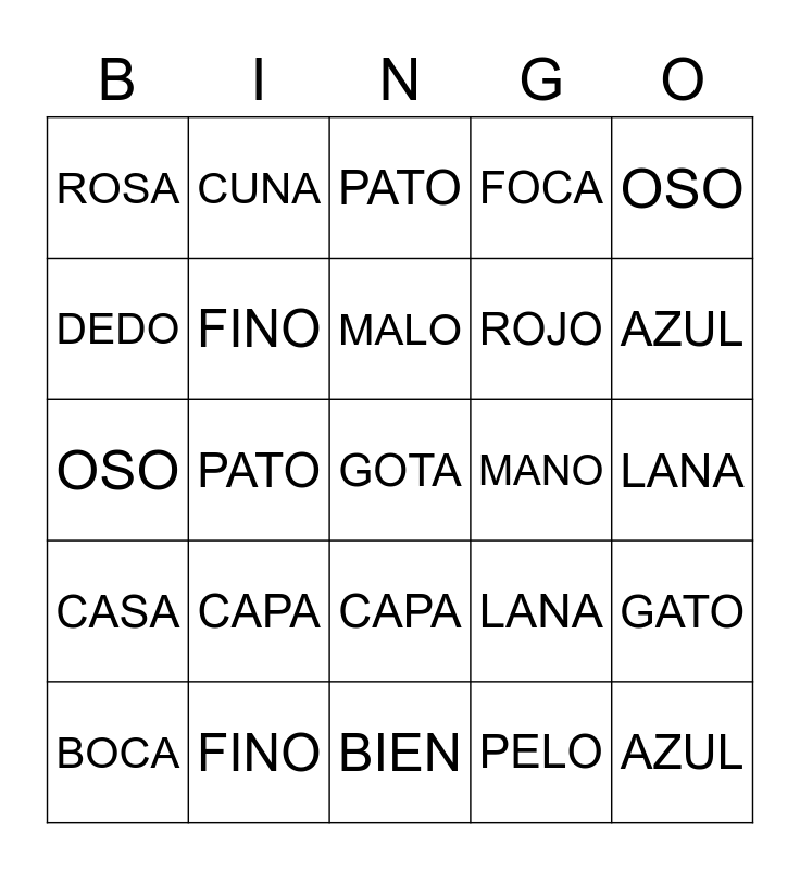 Palabras Bingo Card