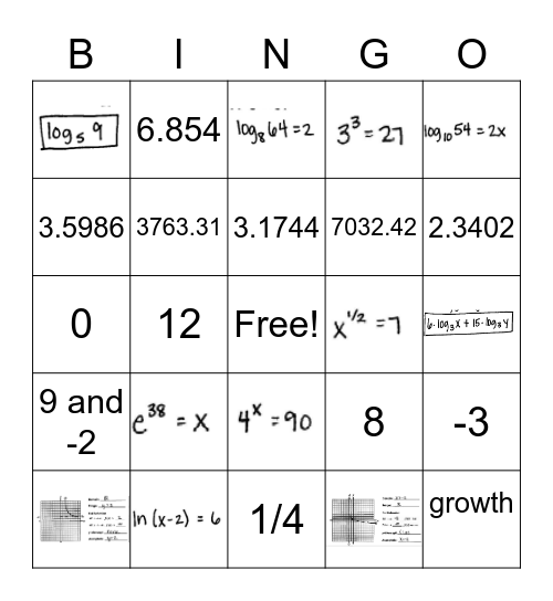 Alg 2 Exponents and Logs Bingo Card