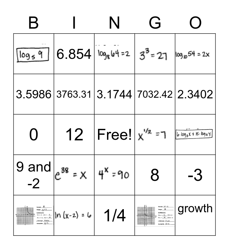 Alg 2 Exponents and Logs Bingo Card