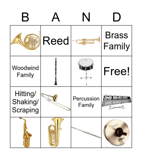 Band Instrument Bingo Card