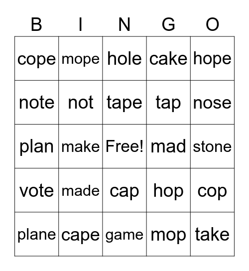 Silent E Bingo Card