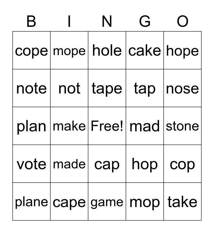 Silent E Bingo Card