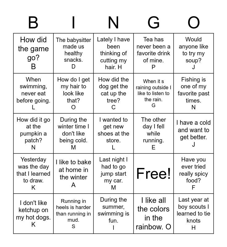 Reading Fluency Bingo Card