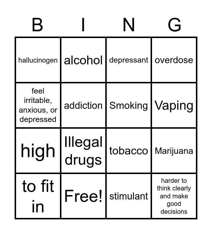 Drug and Alcohol Bingo Card