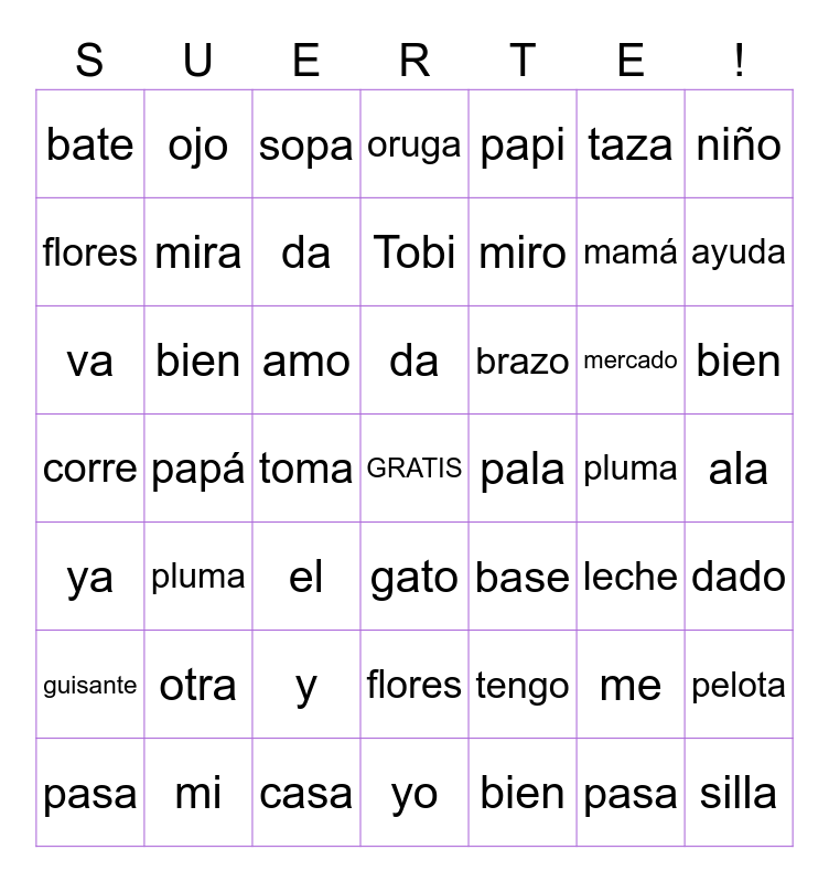 Palabras de uso frecuente Bingo Card
