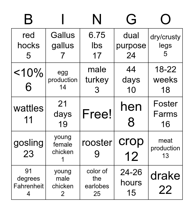 Poultry Bingo Card