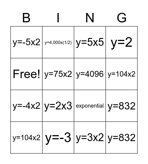 Write Exponential Function Bingo Card