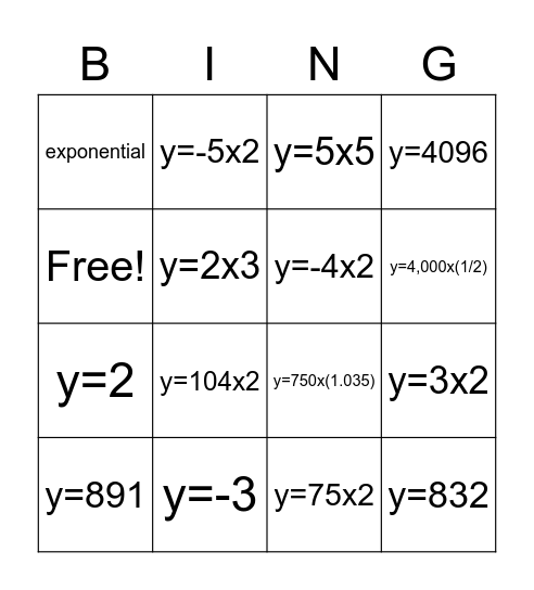 Exponential functions Bingo Card