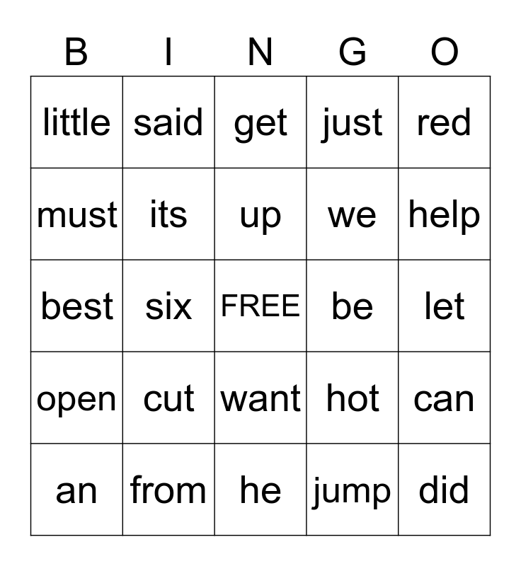 High Frequency Words Bingo Card