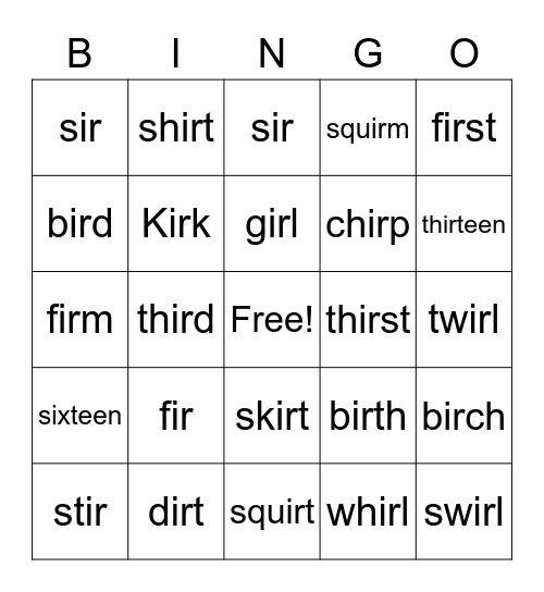 "ir" words Bingo Card