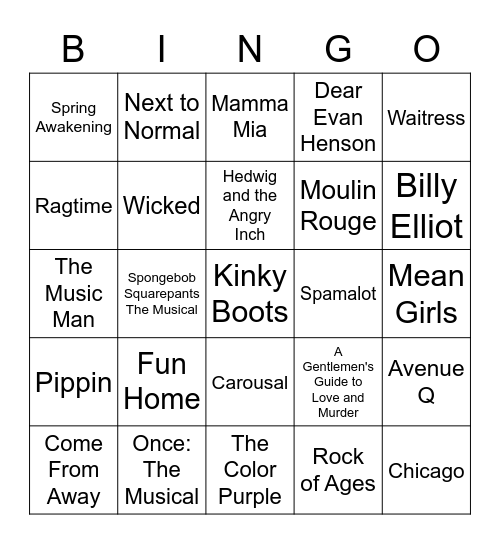 Musical Broadways Bingo Card