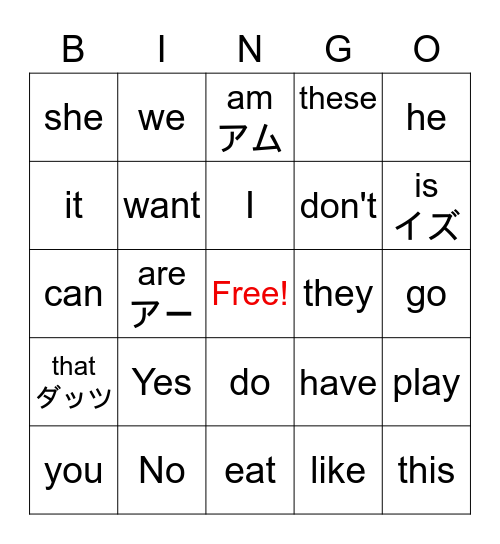 basic words Bingo Card