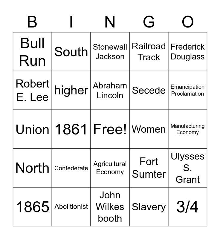 Civil War Bingo Card
