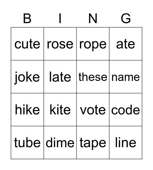 SILENT e Bingo Card