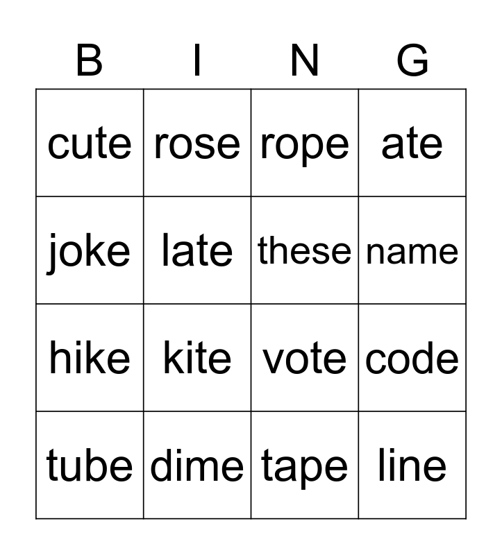 SILENT e Bingo Card