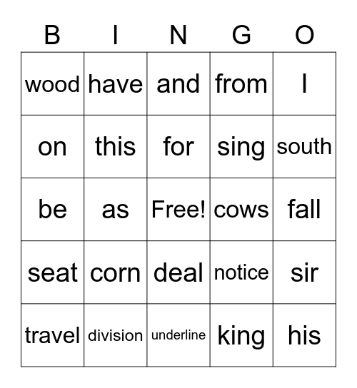High Frequency Word Bingo Card