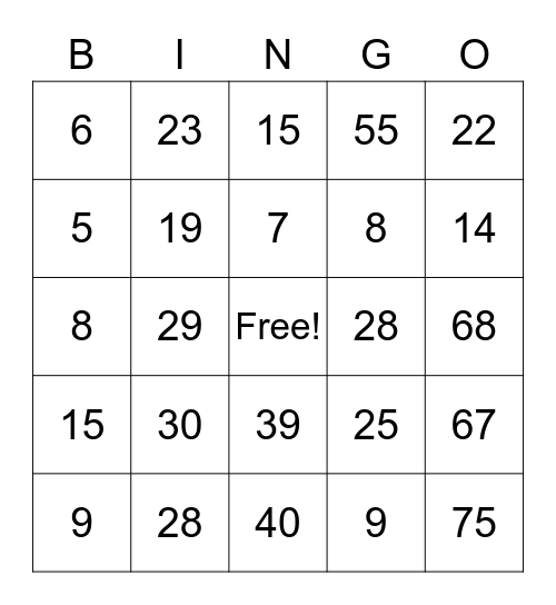 Number Bingo 1-30 Bingo Card