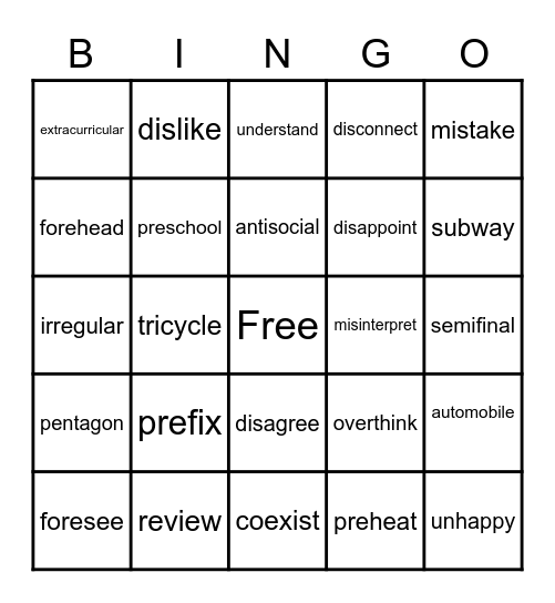 Prefixes Bingo Card