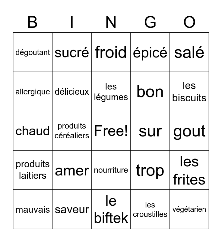 La nourriture Bingo Card