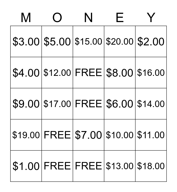 Dollar-Up BINGO Card