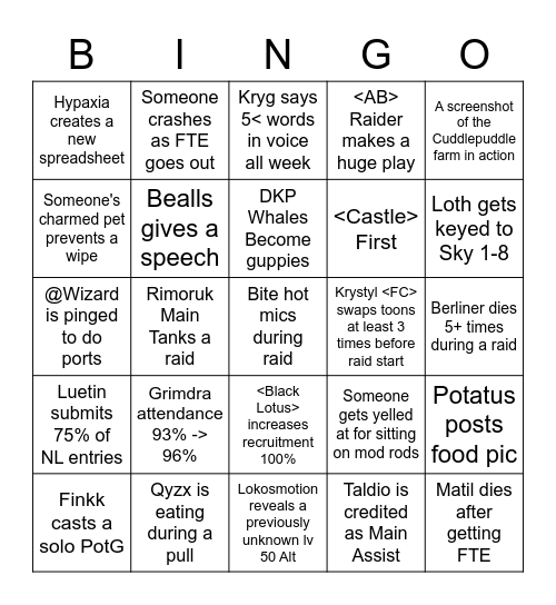 Castle Bingo Card