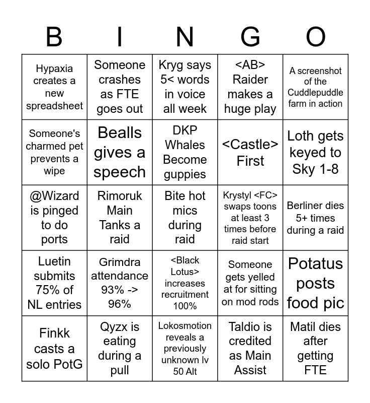 Castle Bingo Card