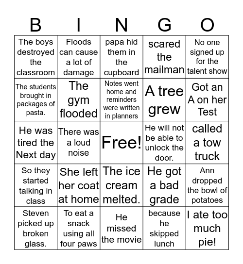 Cause and Effect Bingo Card