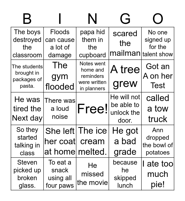 Cause and Effect Bingo Card