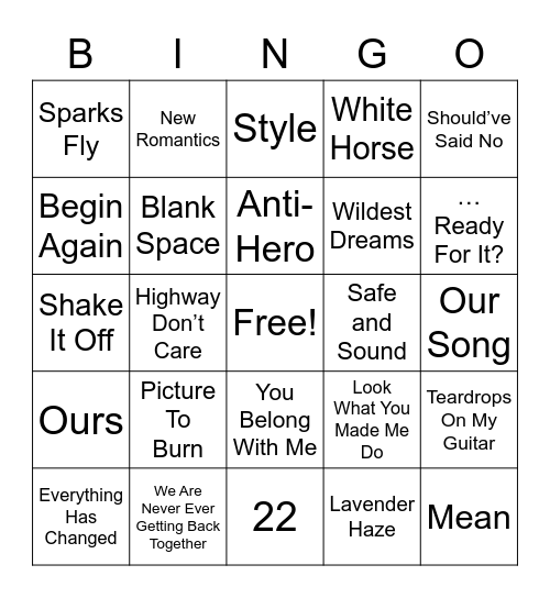 Taylor Swift Bingo | Charting Songs Bingo Card
