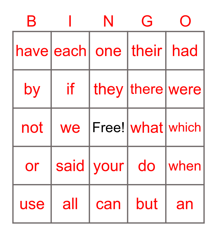 2nd Grade Sight Word Bingo Card