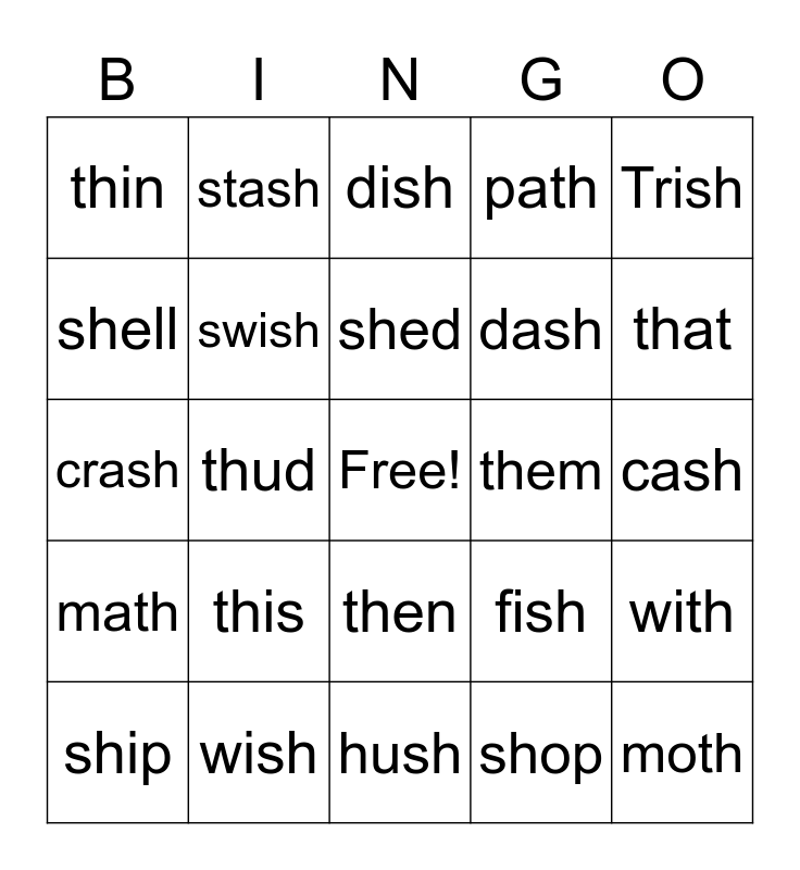 th and sh Bingo Card