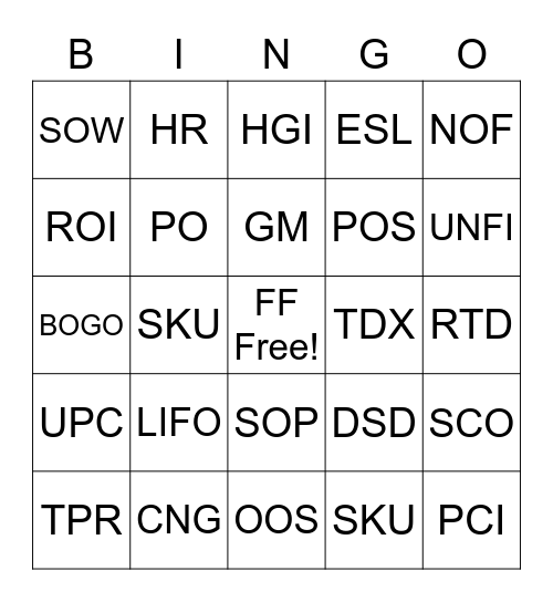 GROCERY ACRONYM Bingo Card