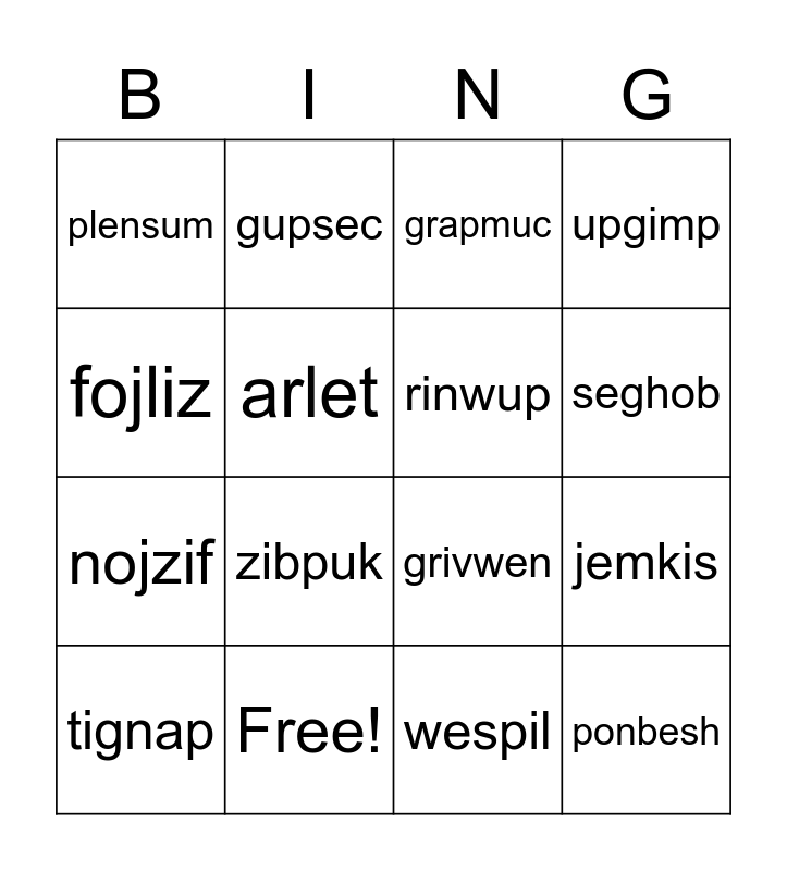Multisyllable Nonsense Words Bingo Card