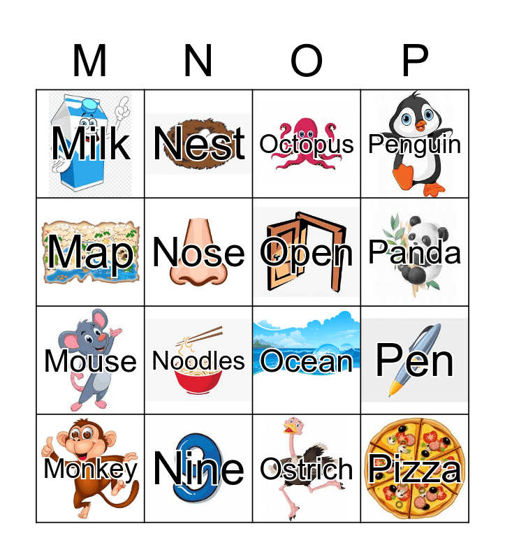 M N O P Bingo Card