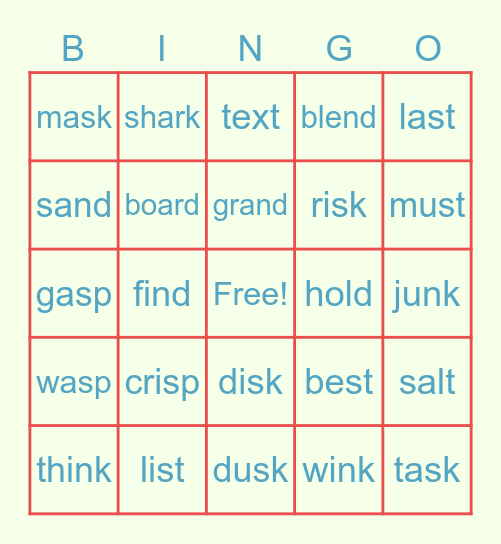 Final Consonant Blends Bingo Card