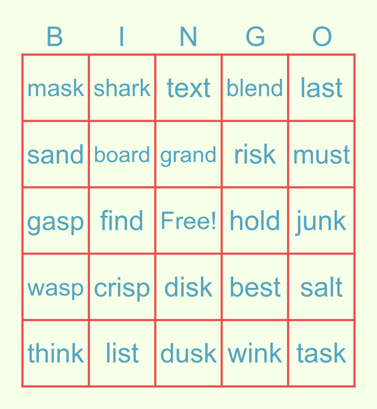 Final Consonant Blends Bingo Card