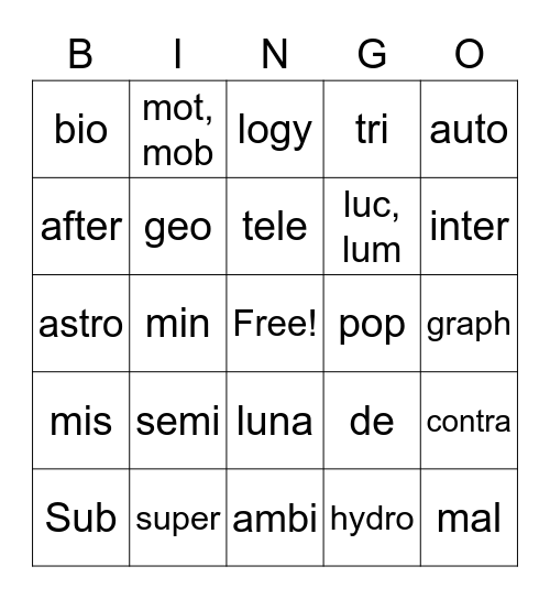 Prefixes and Suffixes Bingo Card