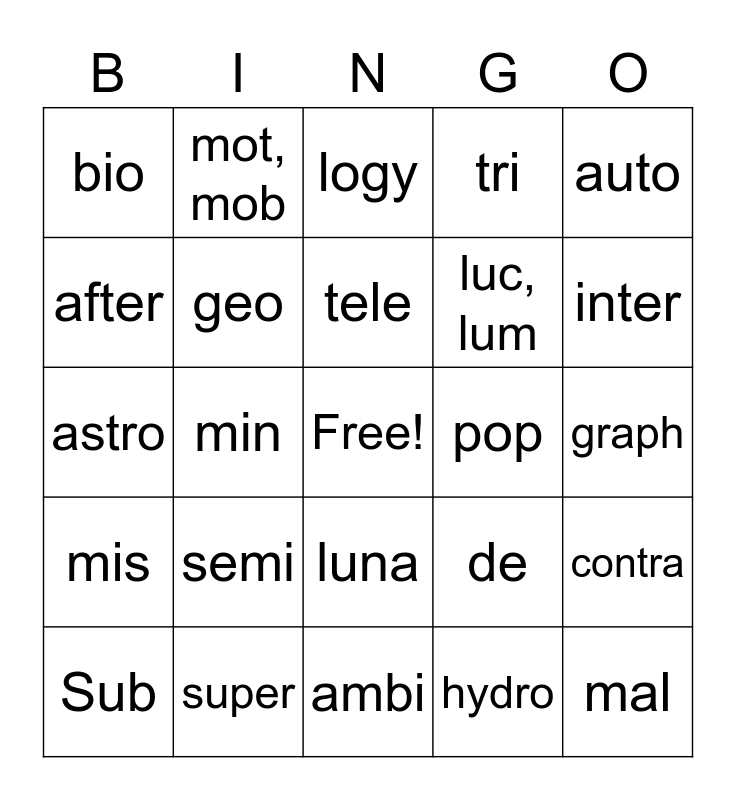 Prefixes and Suffixes Bingo Card