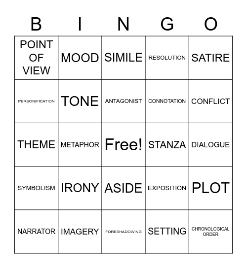 Literary Terms Bingo Card