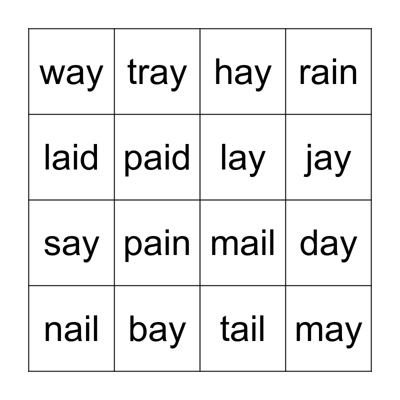 ai/ay words Bingo Card