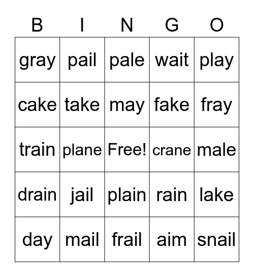 a_e/ai/ay words Bingo Card