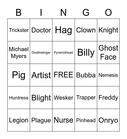 DBD Killer Bingo Card