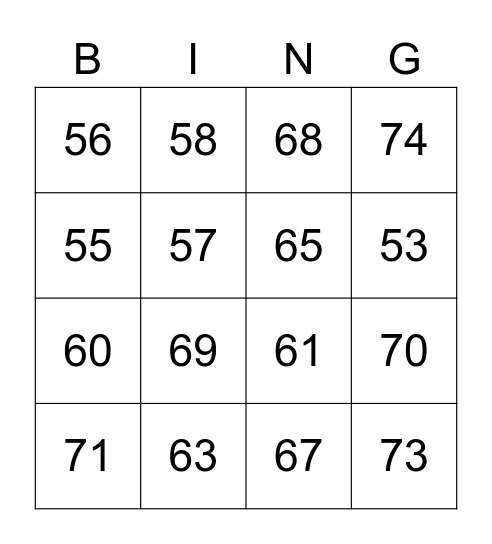 Numbers 51-75 Bingo Card
